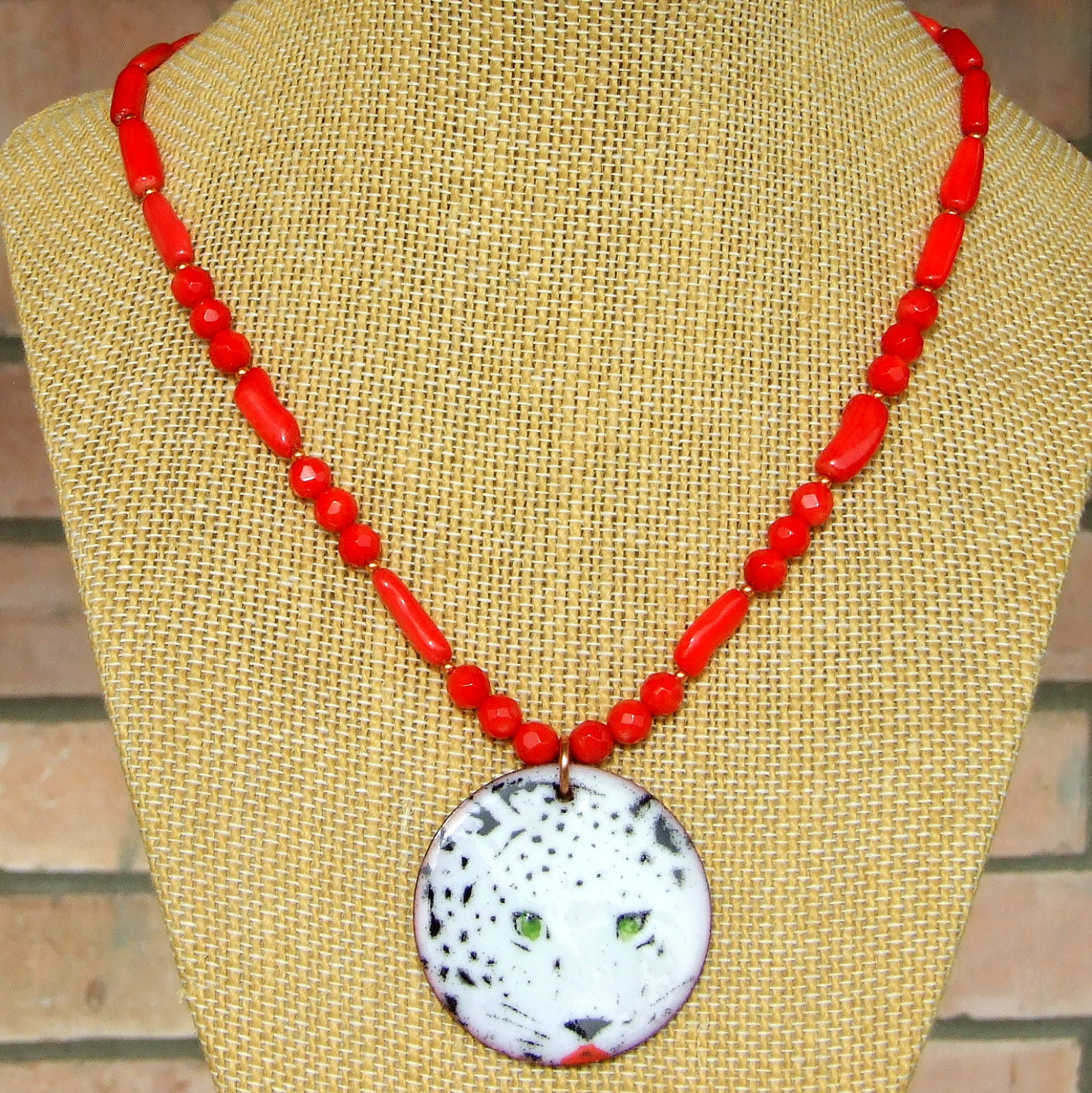 Snow Leopard Necklace, Enamel Red Coral Handmade Wildlife Jewelry Gift ...