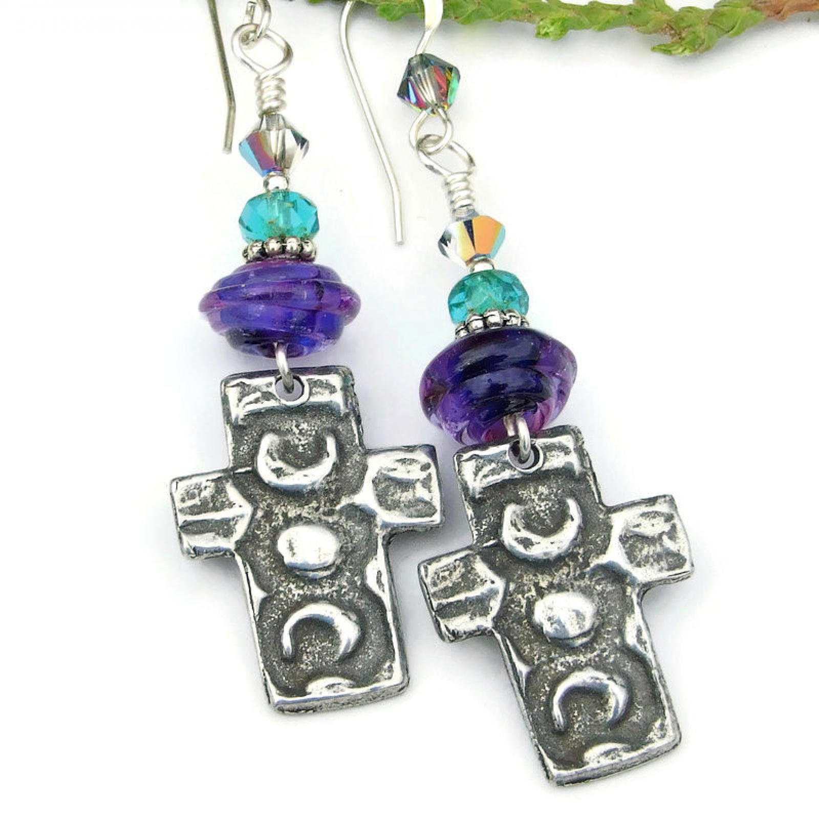 Crosses Moons Earrings Purple Lampwork Aqua Handmade Symbolic Jewelry ...