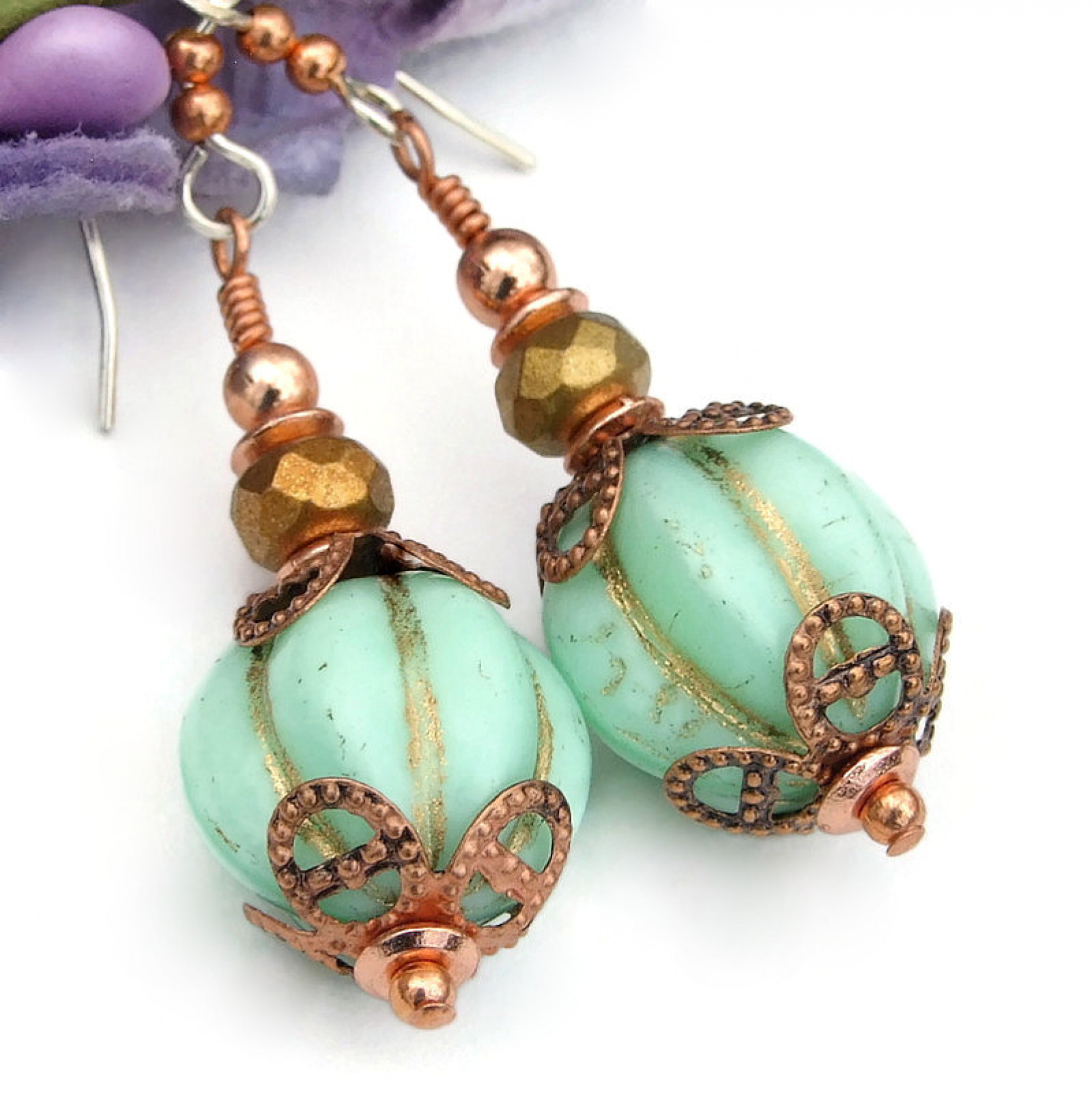 Mint Green Earrings, Vintage Look Glass Melons Copper Handmade Jewelry ...