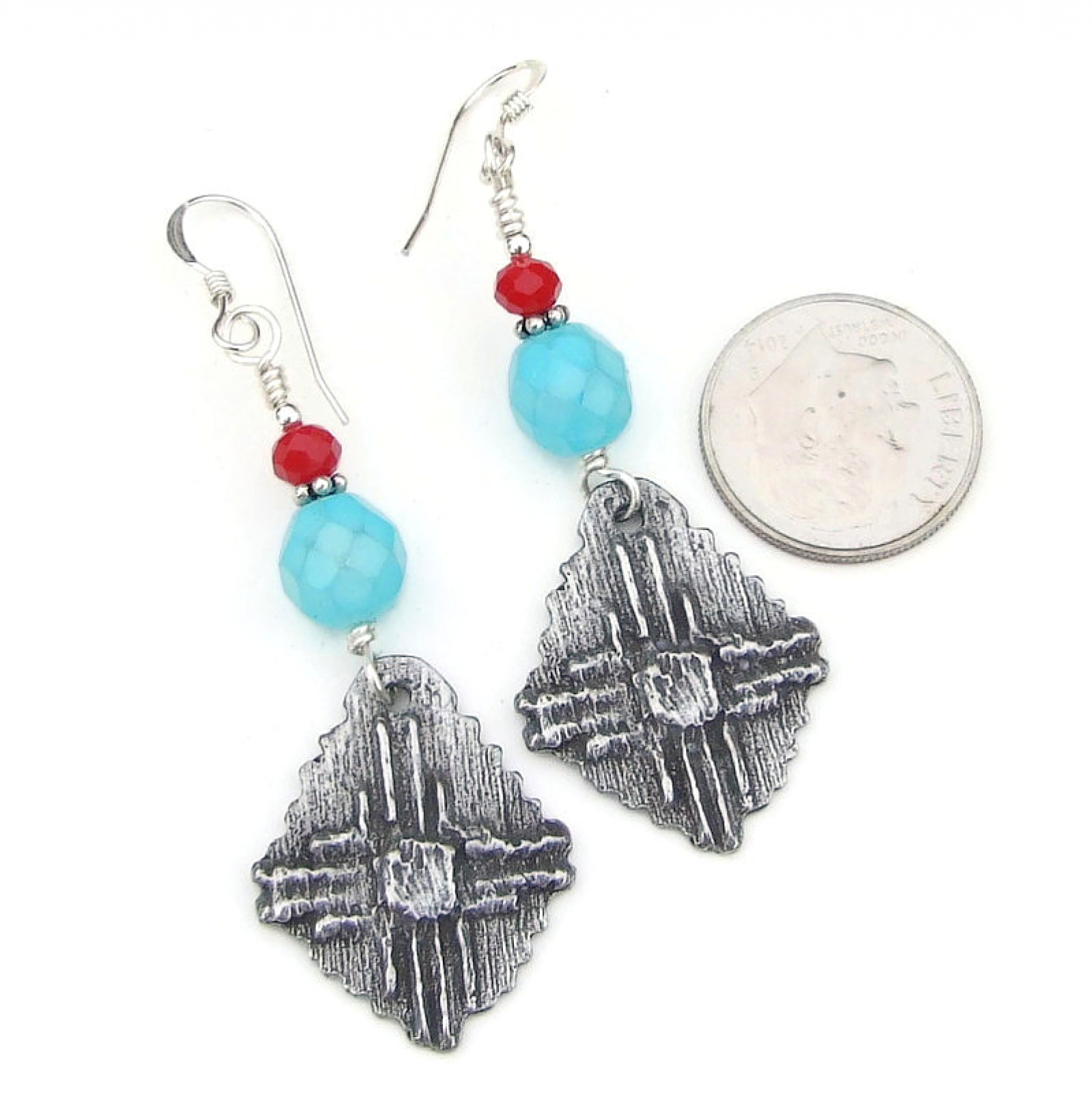 Zia Sun Earrings, Pewter Blue Red Handmade Southwest Symbolic Jewelry ...