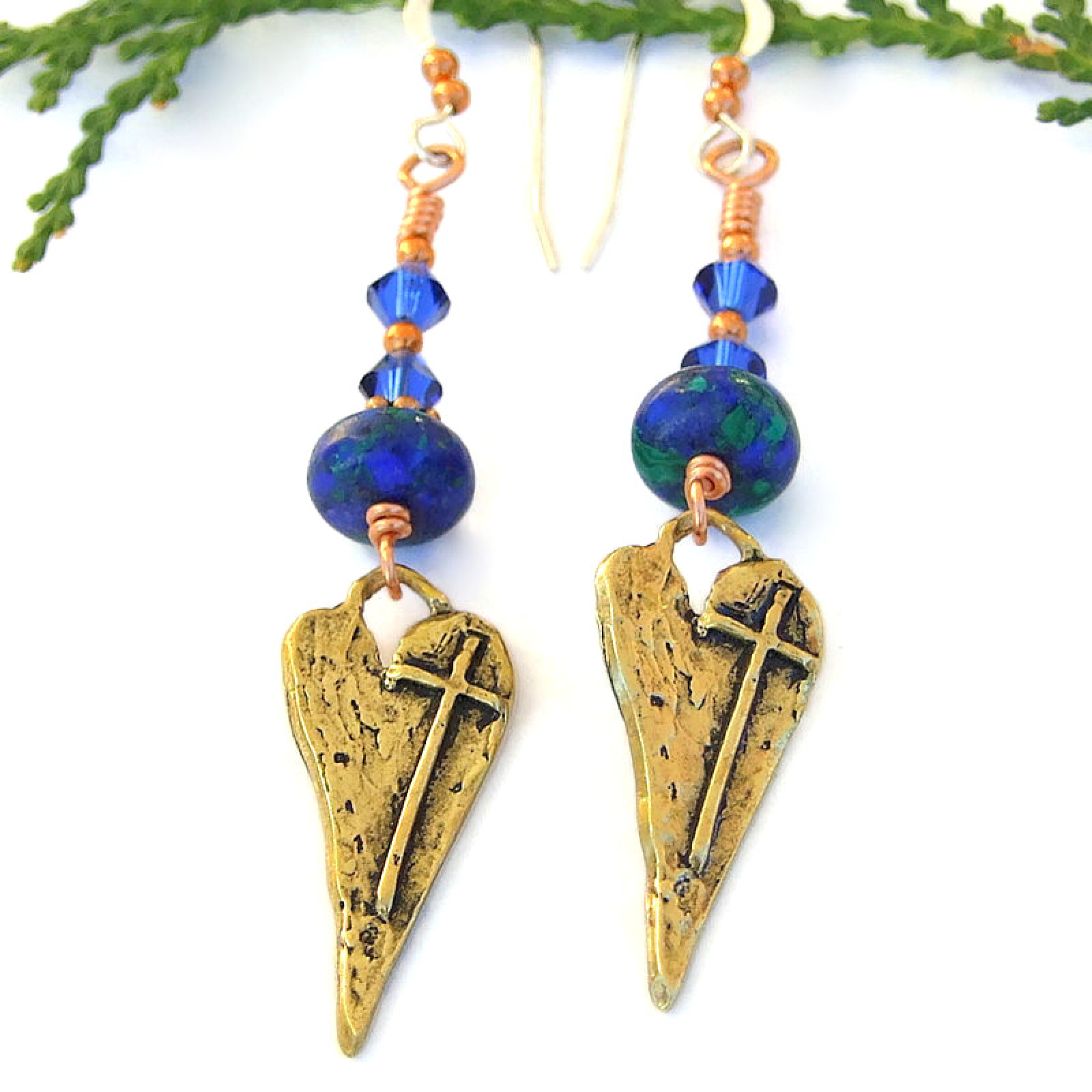 Crosses Hearts Earrings, Bronze Gemstones Handmade Religious Jewelry ...