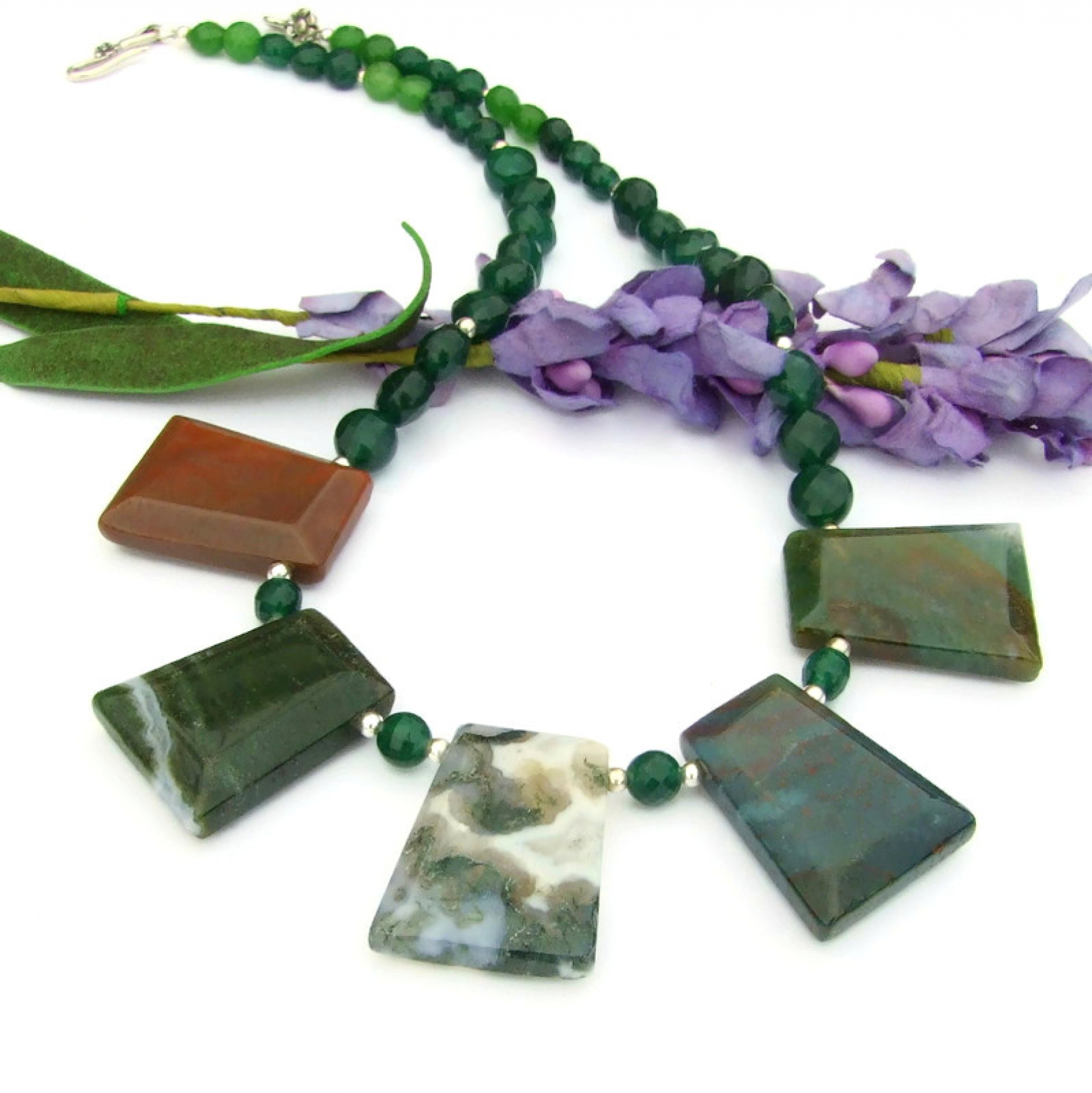 India Agate Necklace, Green Quartz Boho Handmade Gemstone Jewelry Gift ...