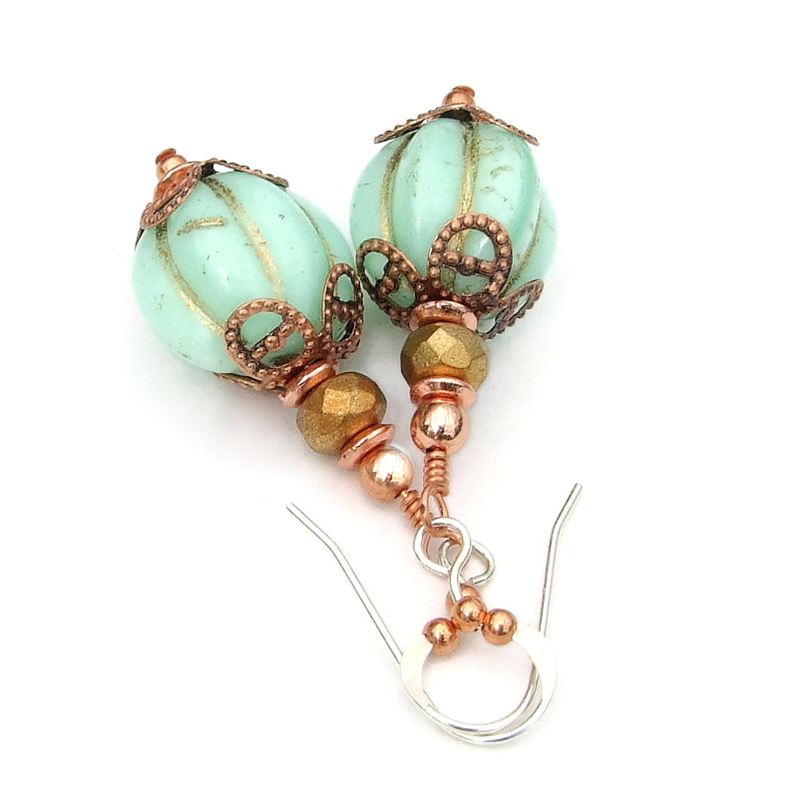 Mint Green Earrings, Vintage Look Glass Melons Copper Handmade Jewelry ...