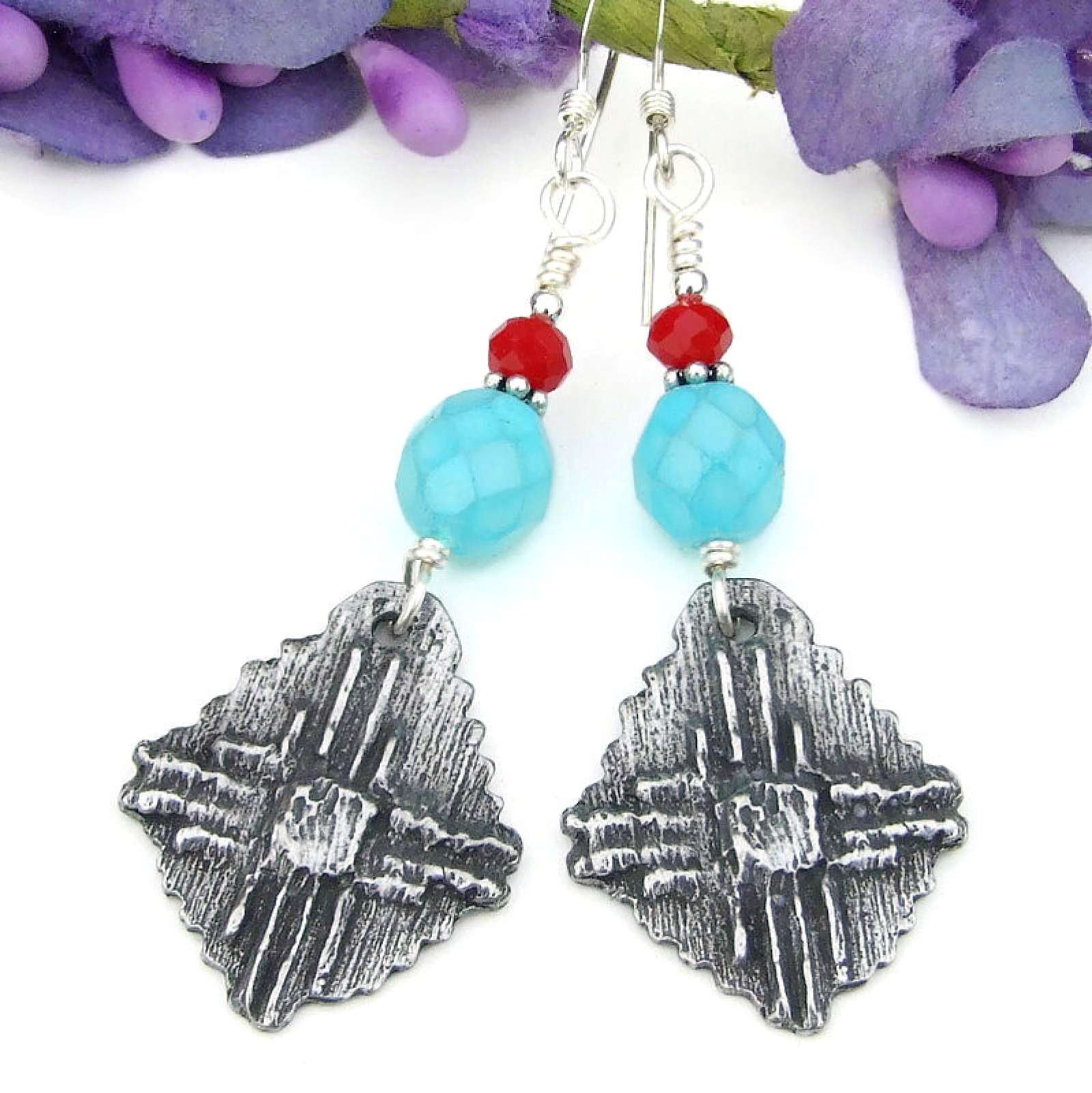 Zia Sun Earrings, Pewter Blue Red Handmade Southwest Symbolic Jewelry ...