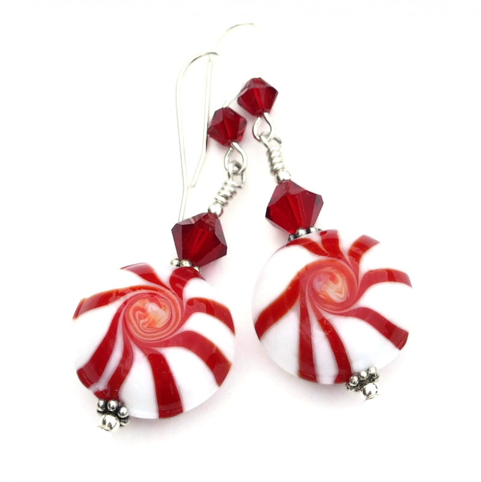 Christmas Peppermint Candy Earrings, Lampwork Crystals Holiday Jewelry | Shadow Dog Designs