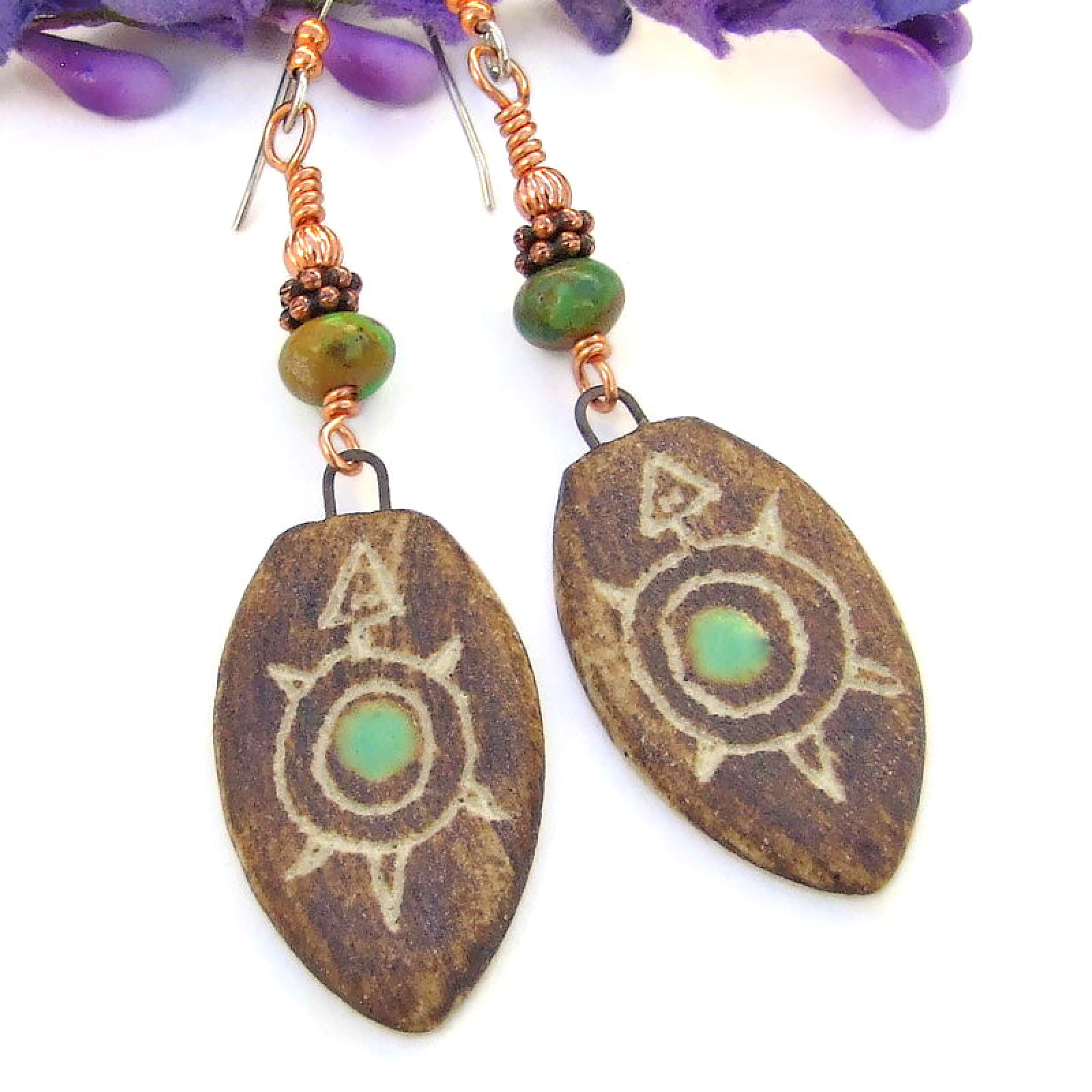 Sgraffito Turtle Earrings Brown Green Turquoise Handmade Glyph Jewelry ...