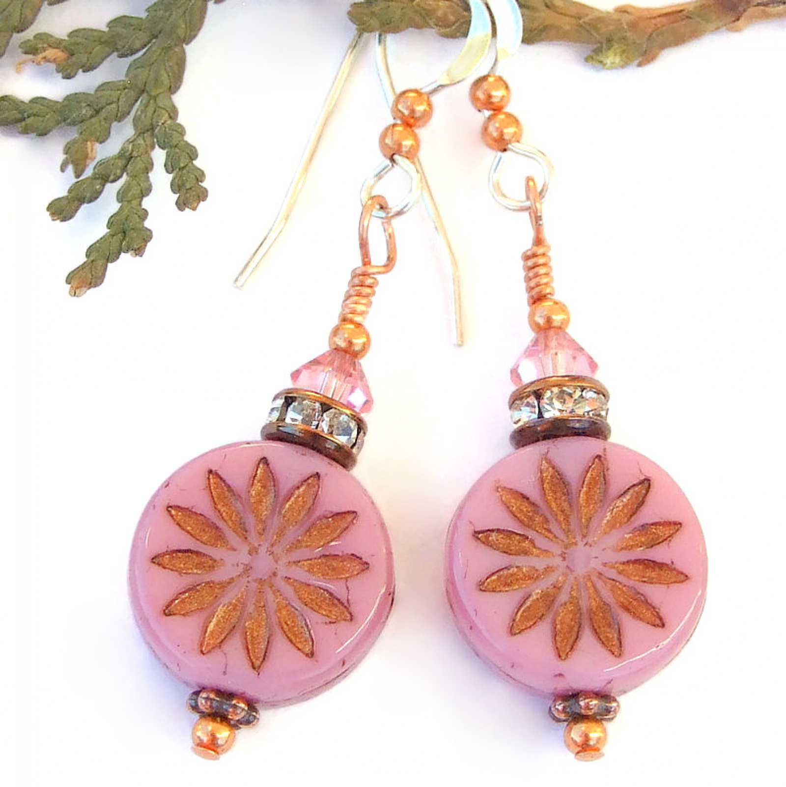 Flower Earrings Pink Bronze Swarovski Crystals Handmade Floral Jewelry ...