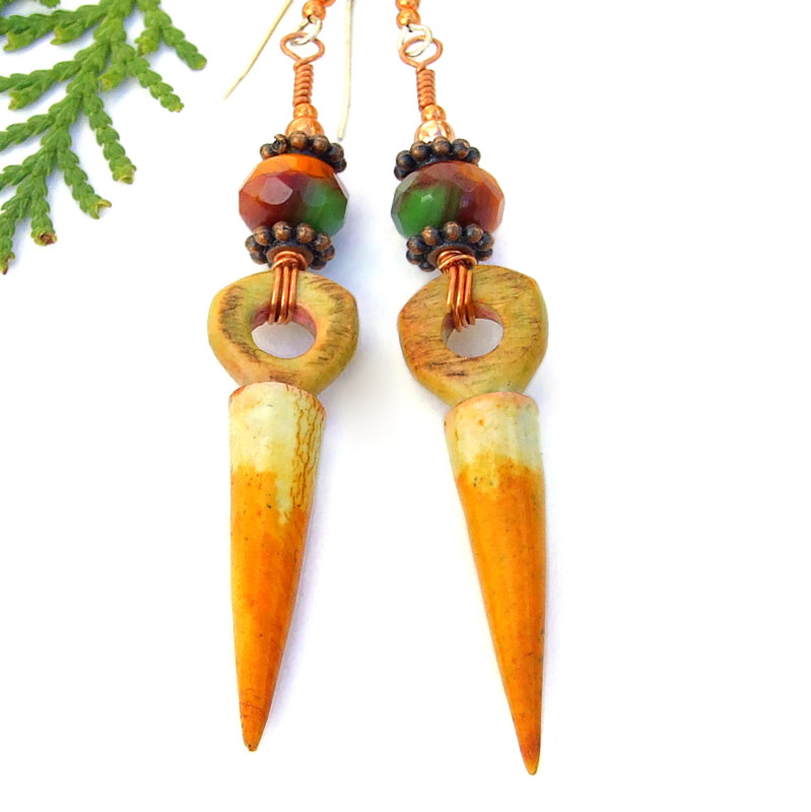 Boho Spike Earrings, Rustic Faux Wood Orange Handmade Jewelry | Shadow ...