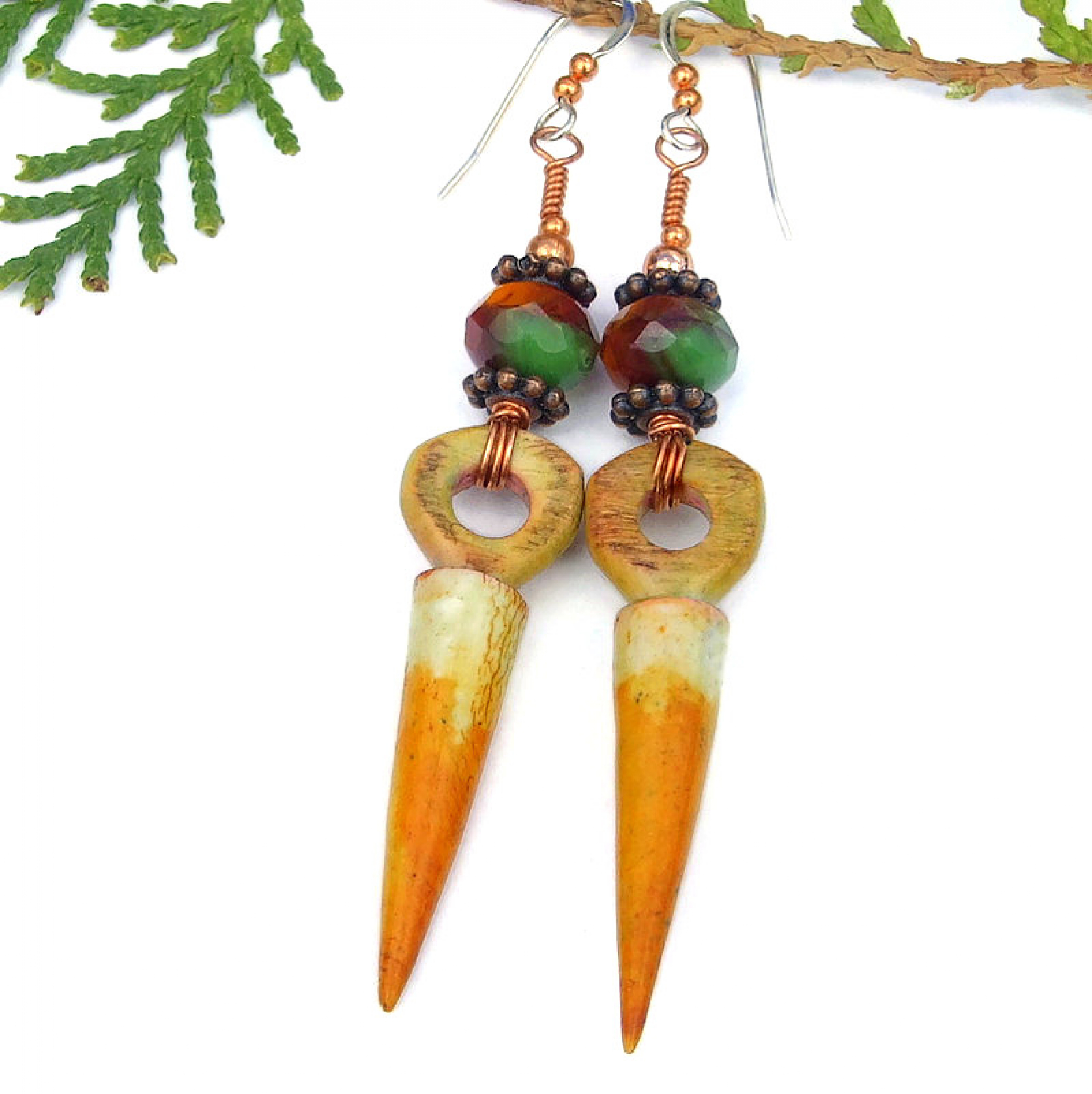 Boho Spike Earrings, Rustic Faux Wood Orange Handmade Jewelry | Shadow ...