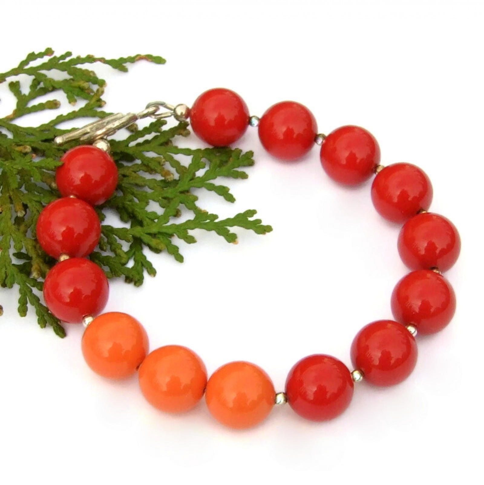 Red Orange Coral Swarovski Pearl Bracelet, Sterling Handmade Jewelry ...