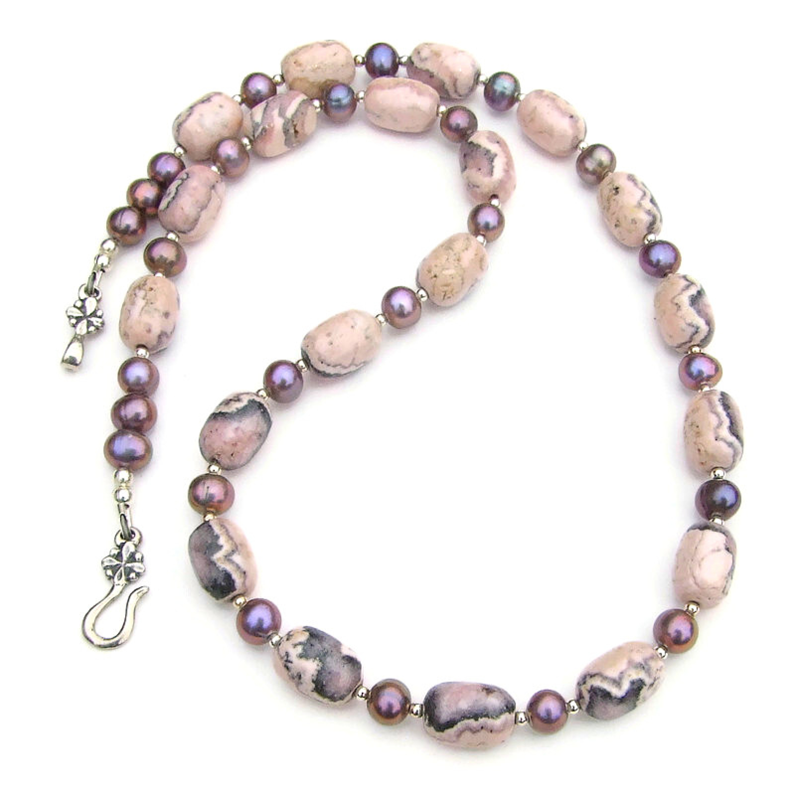 Rhodochrosite Gemstone Necklace, Peacock Pearls Handmade Jewelry Gift ...