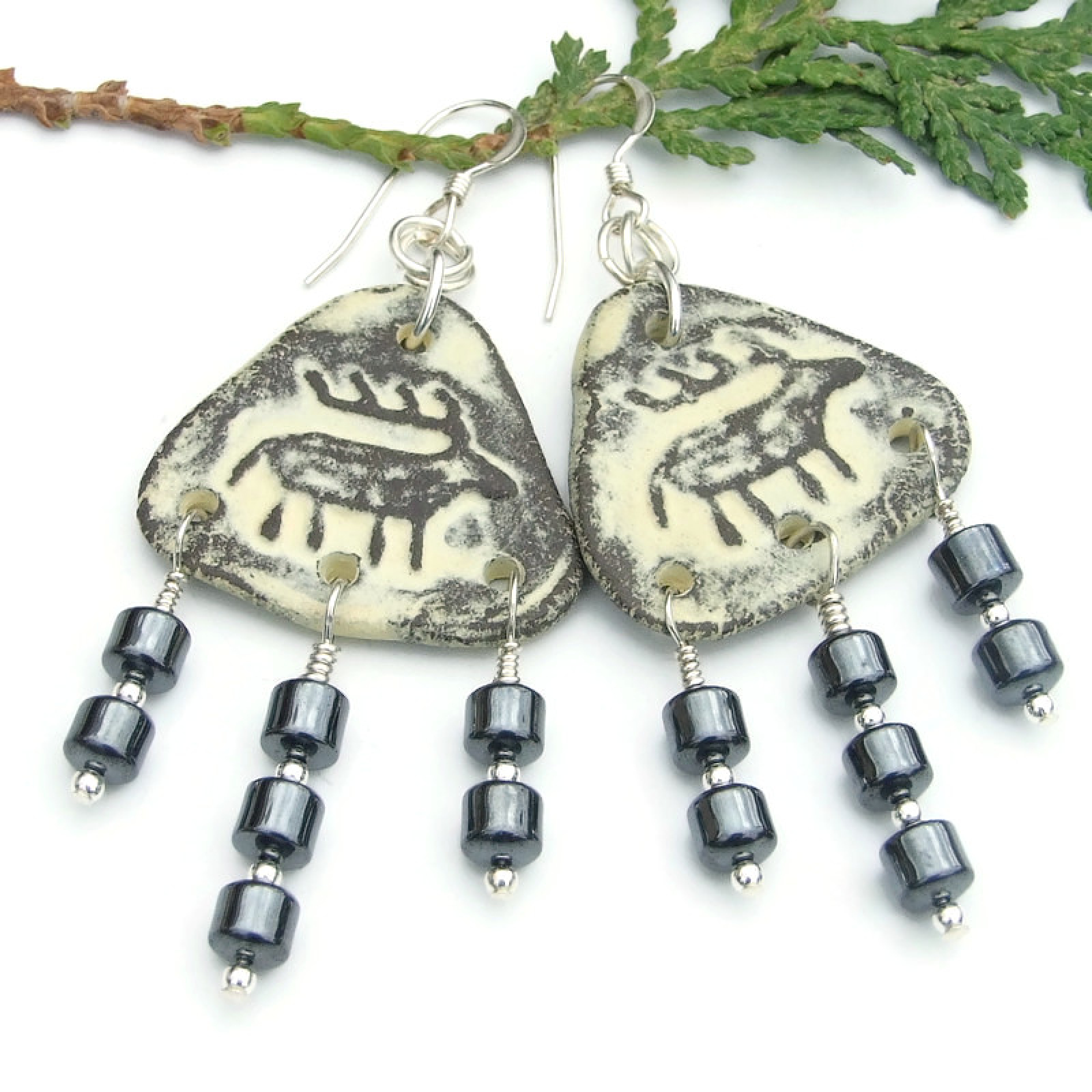 Petroglyph Deer Elk Earrings, Rustic Ceramic Hematite Handmade Jewelry ...
