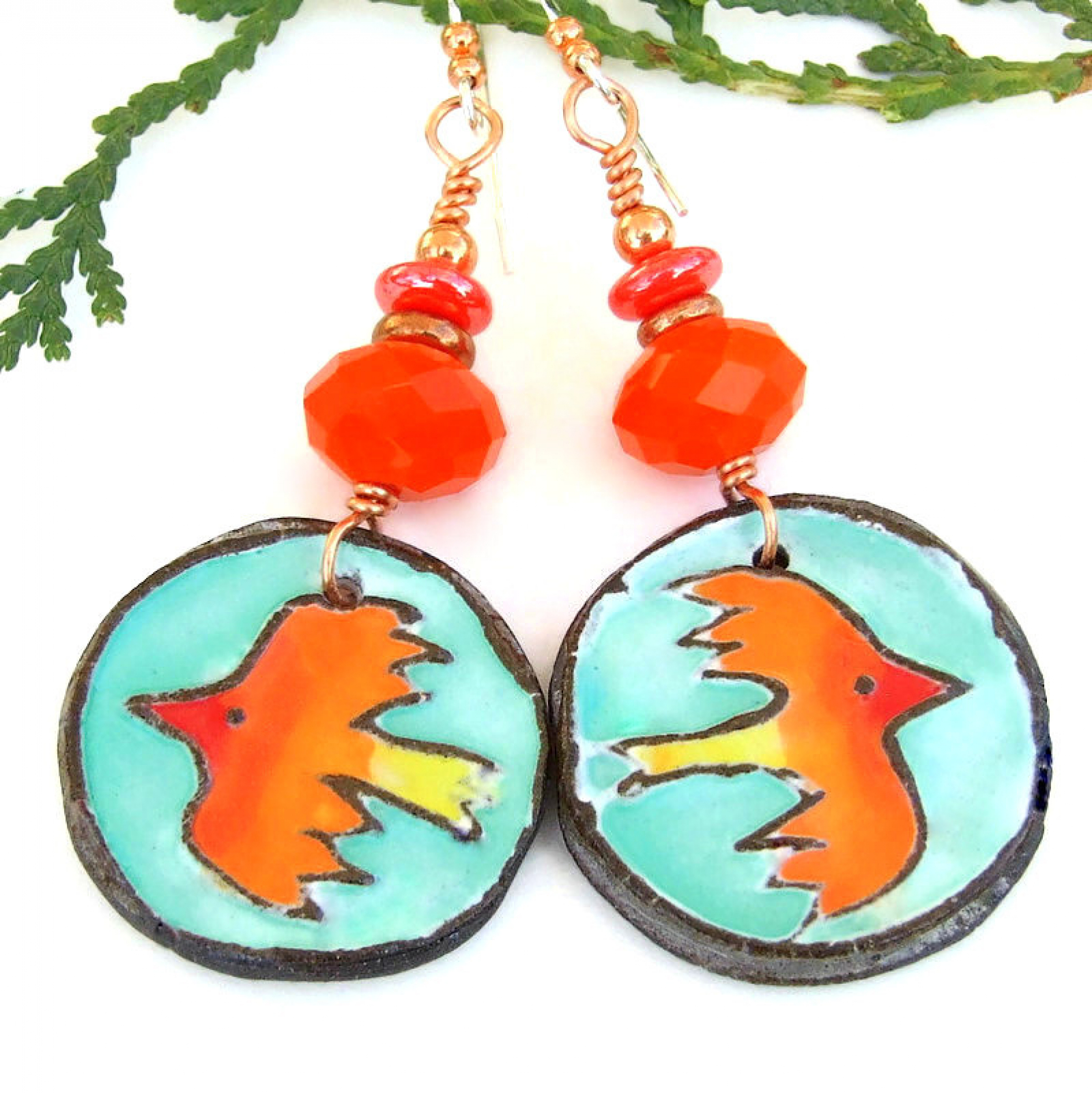 Firebird Earrings, Rustic Ceramic Colorful Handmade Bird Lover Jewelry ...