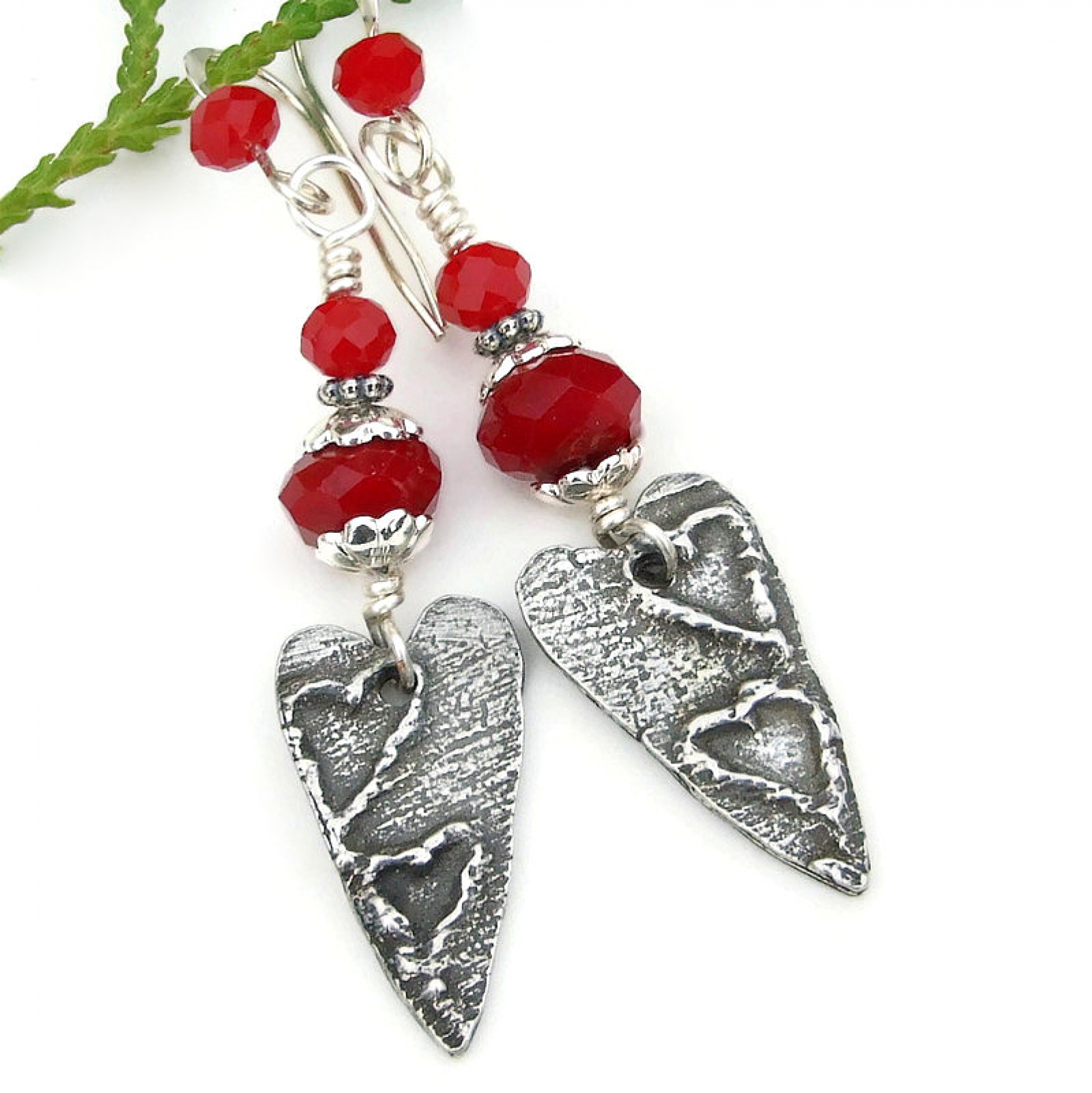 Triple Hearts Earrings, Rustic Pewter Red Glass Handmade Jewelry Gift ...