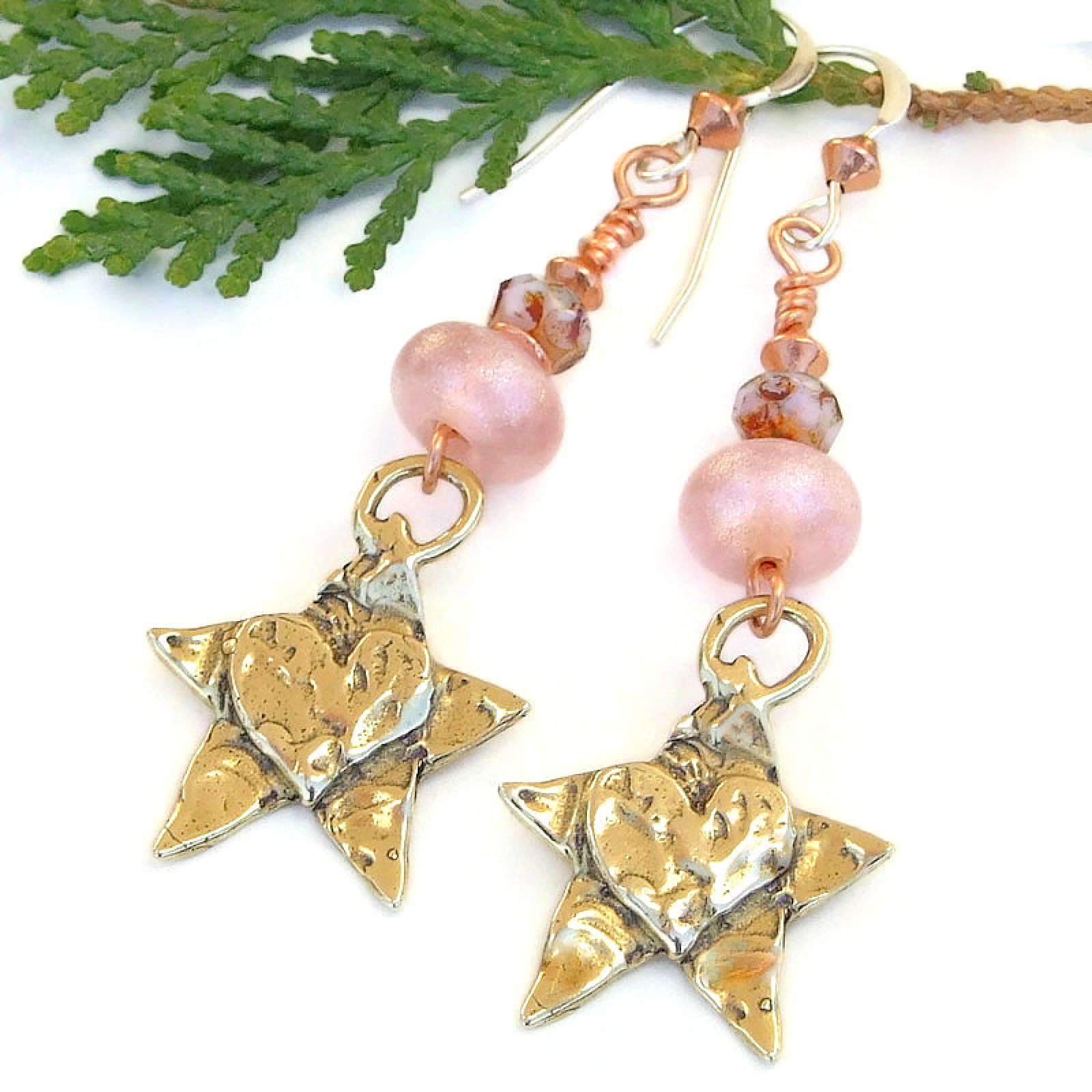 Stars Hearts Earrings Rustic Bronze Pink Handmade Valentines Jewelr