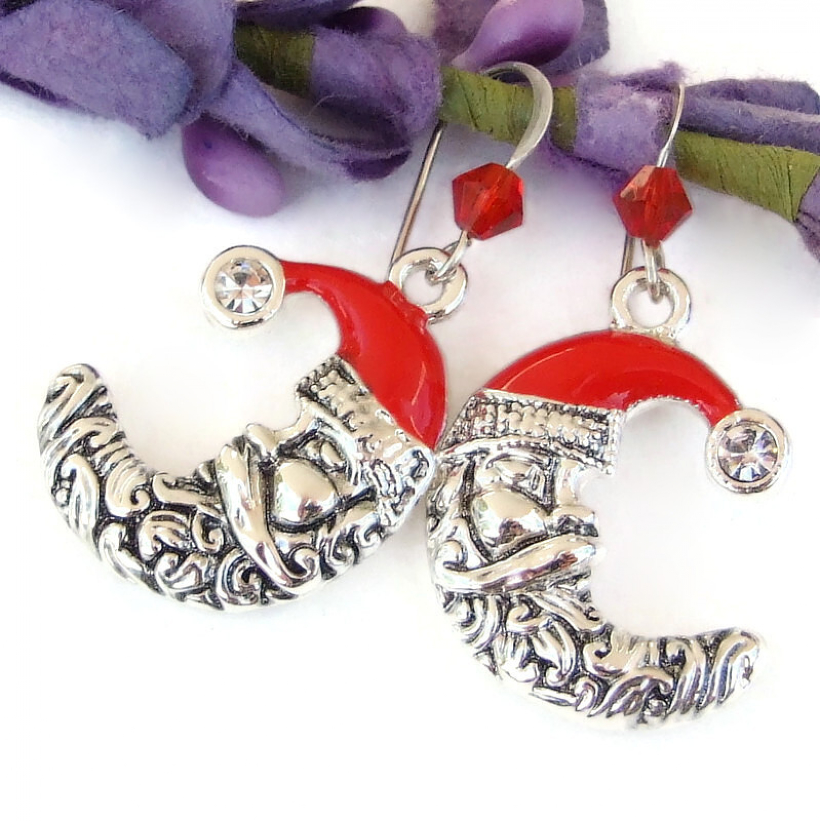Santa Moons Christmas Earrings, Red Silver Handmade Holiday Jewelry ...