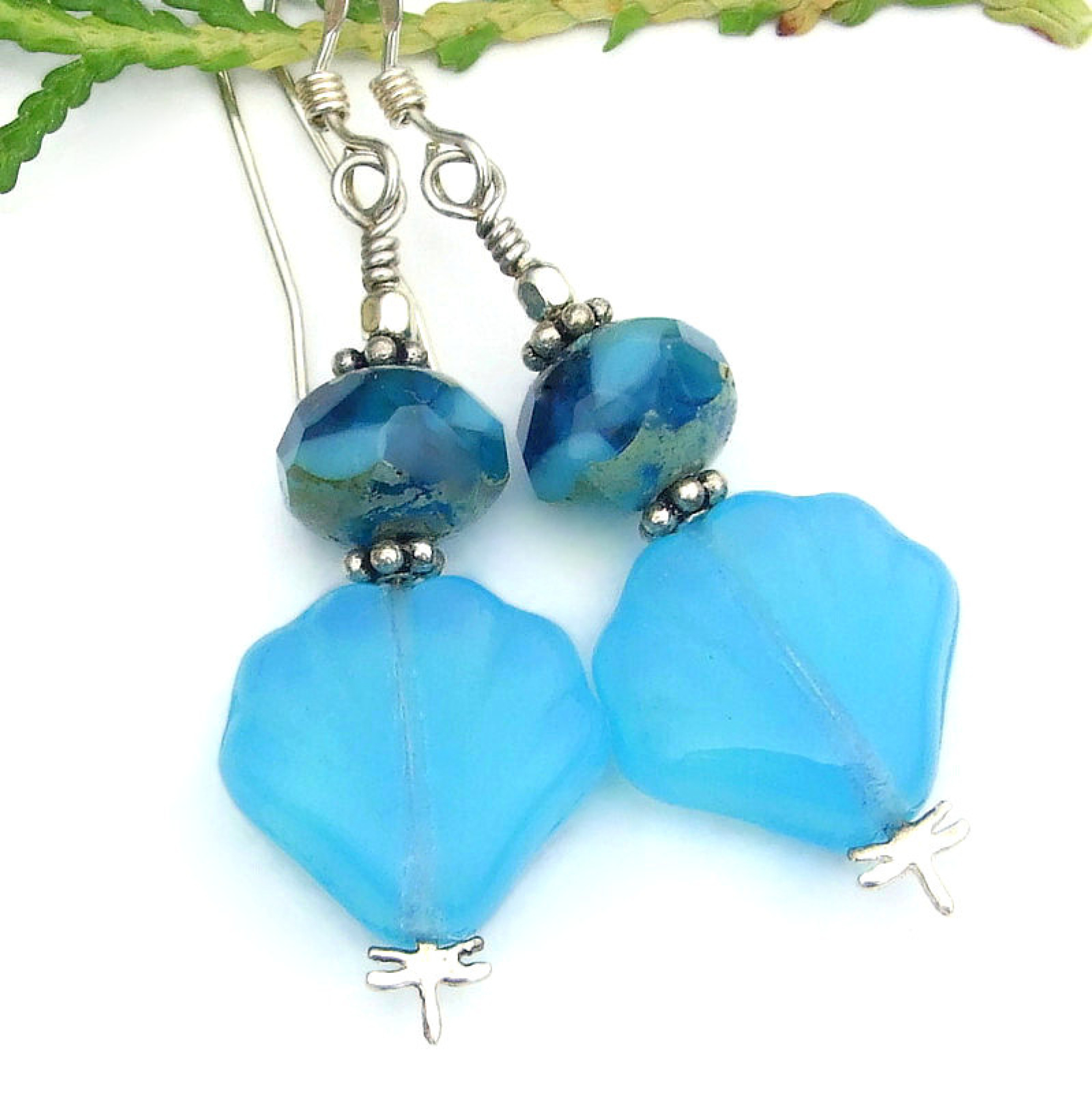 Aqua Opal Seashell Earrings, Sterling Dragonfly Handmade Beach Jewelry ...