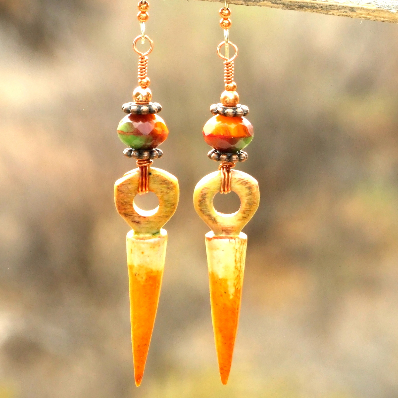 Boho Spike Earrings, Rustic Faux Wood Orange Handmade Jewelry | Shadow ...