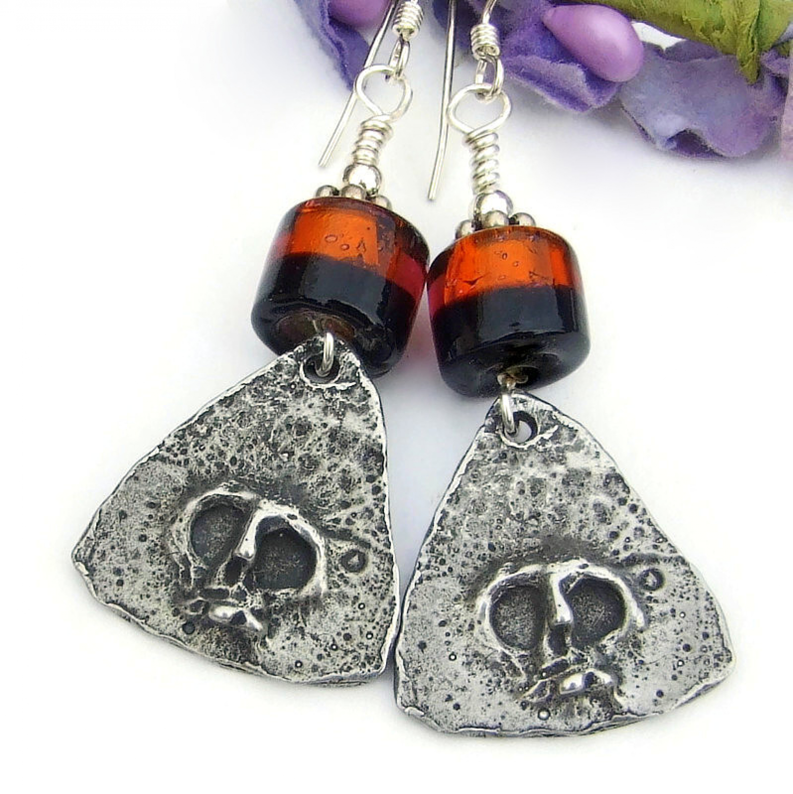 Halloween Skull Earrings, Goth Orange Black Handmade Spooky Jewelry ...