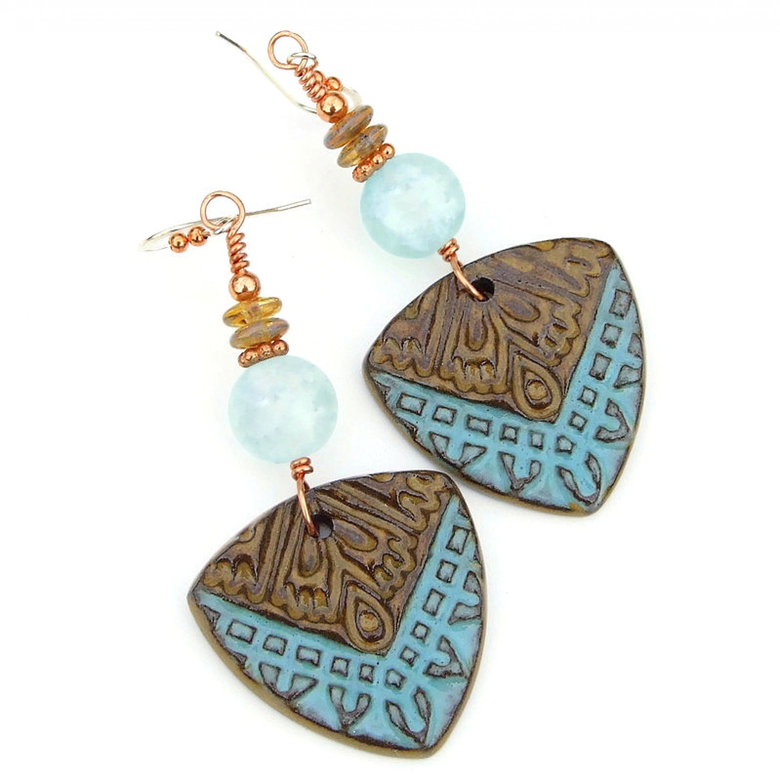 Boho Shield Earrings, Blue Brown Ceramic Handmade Protection Jewelry ...