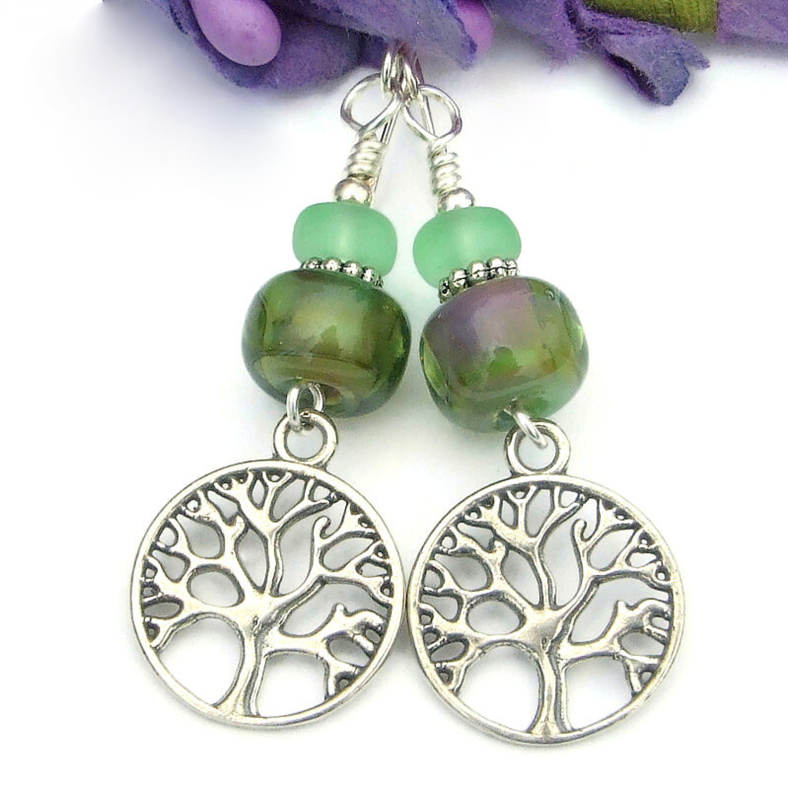 Tree of Life Yggdrasil Earrings Silver Green Lampwork Handmade Jewelry ...