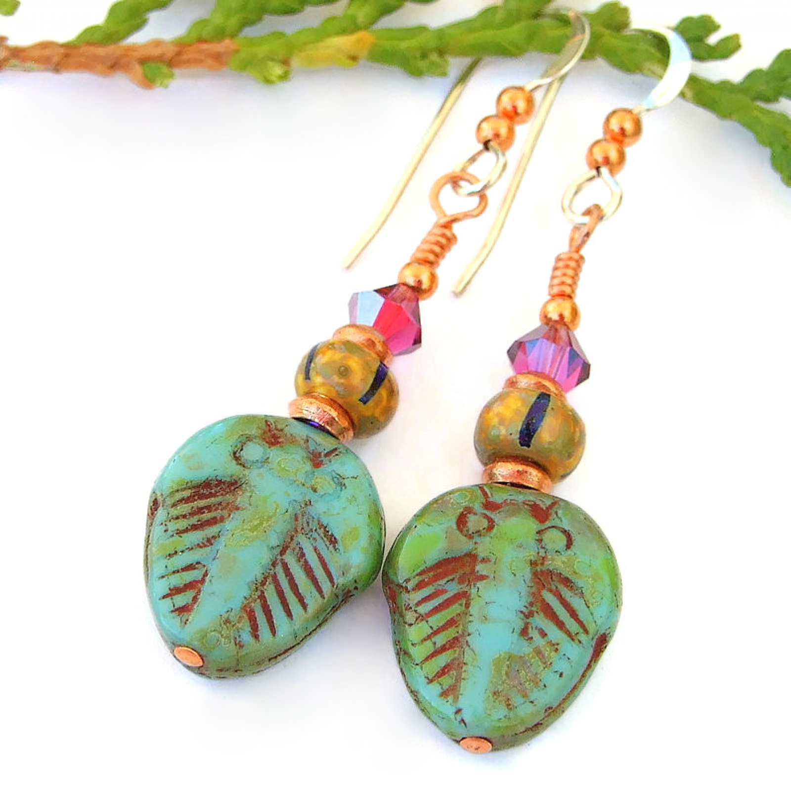 Trilobite Earrings, Turquoise Tan Fuchsia Swarovski Handmade Jewelry ...