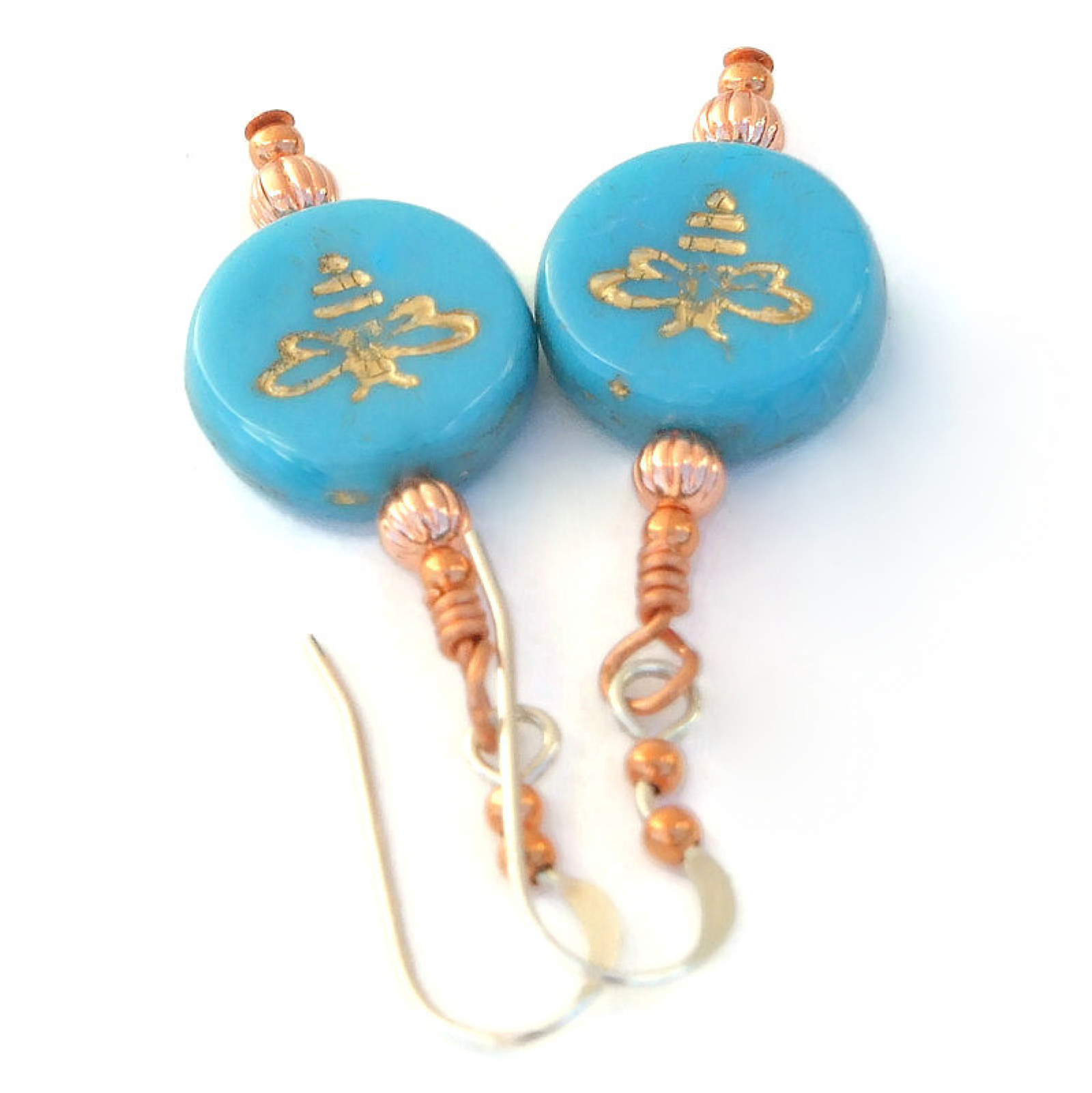 Bee Earrings, Turquoise Blue Gold Copper Handmade Bees Jewelry Gift ...