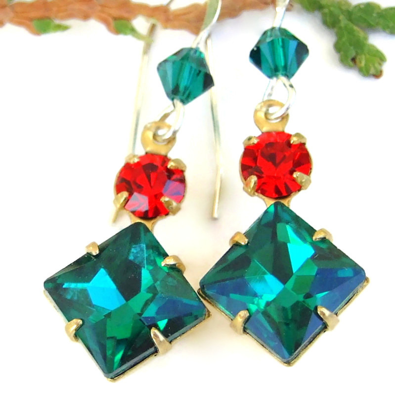 Green Red Christmas Earrings Vintage Crystals Handmade Holiday Jewelry ...