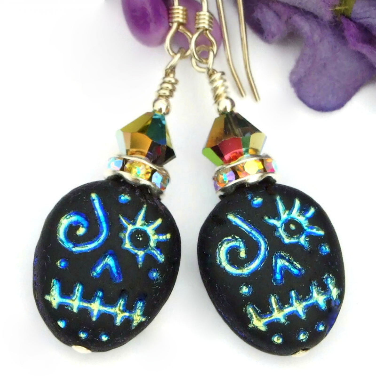 Halloween Voodoo Face Earrings, Black Blue Swarovski Handmade Jewelry ...