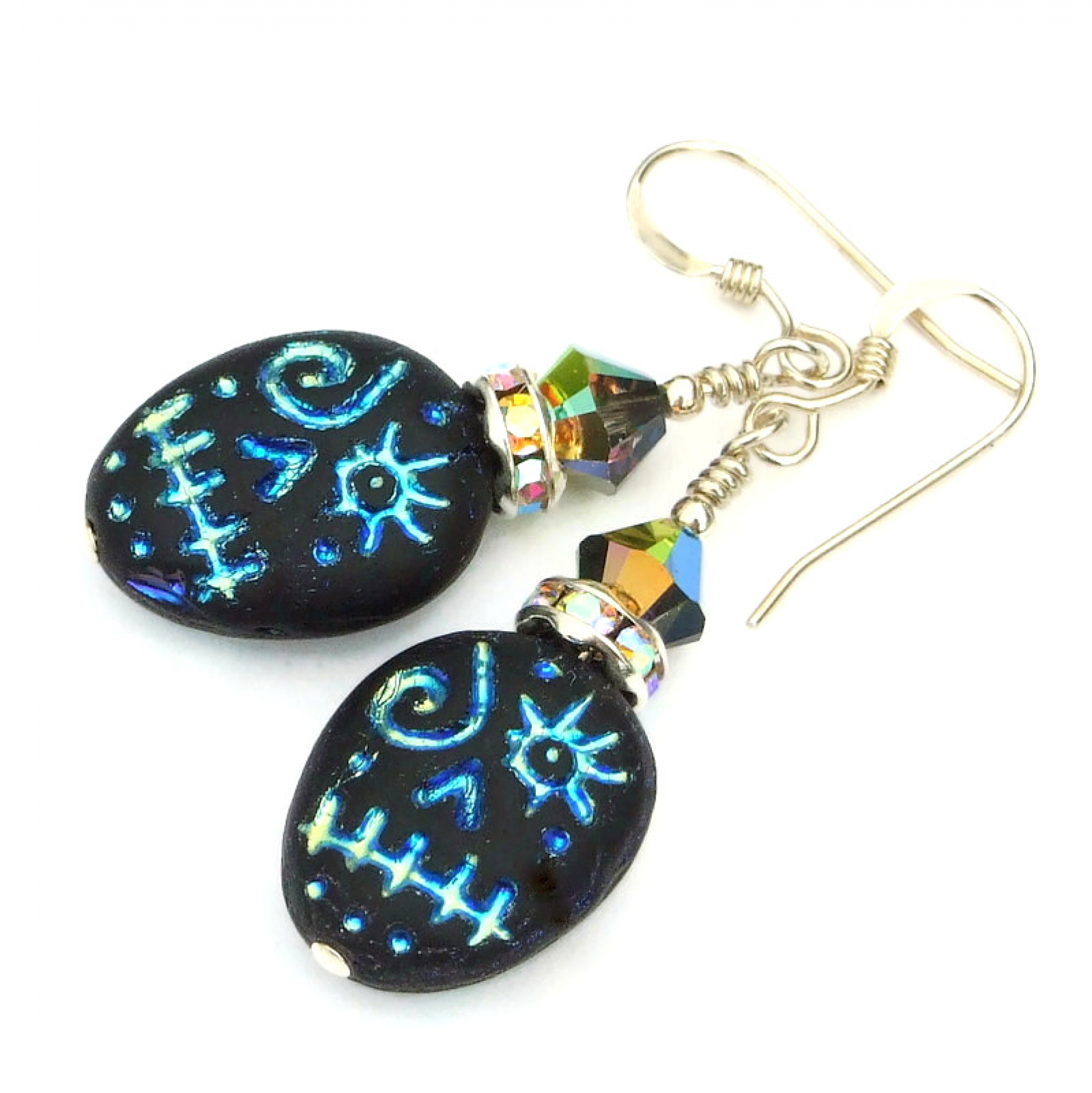 Halloween Voodoo Face Earrings, Black Blue Swarovski Handmade Jewelry ...