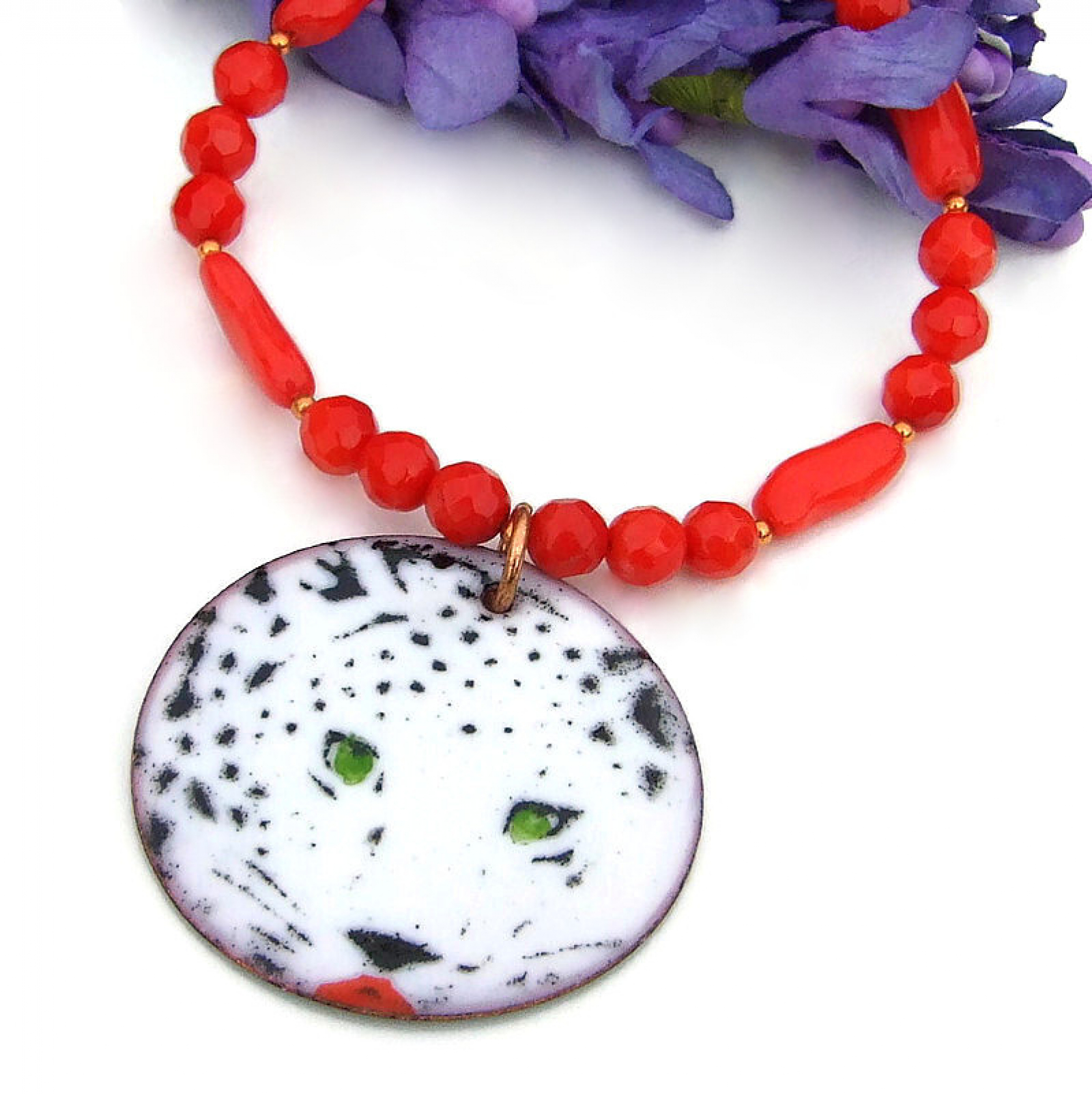 Snow Leopard Necklace, Enamel Red Coral Handmade Wildlife Jewelry Gift ...